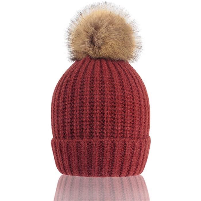 Bonnet tricoté avec pompon en fourrure synthétique - Femme - Respirant ...