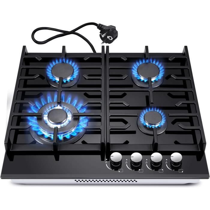 Plaque De Cuisson À Gaz À 4 Feux, 60 Cm, Noire, En Verre Trempé, Avec ...