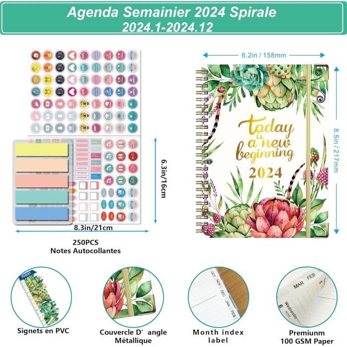 Agenda Semainier 2024 Spirale - Agenda Scolaire A5 (Janvier à décembre ...