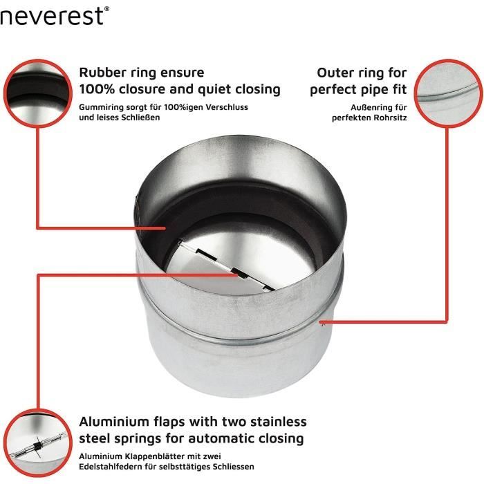 Neverest RK Clapet Anti Retour 100 mm Raccord de Ventilation Silencieux en Acier Galvanisé Avec ...