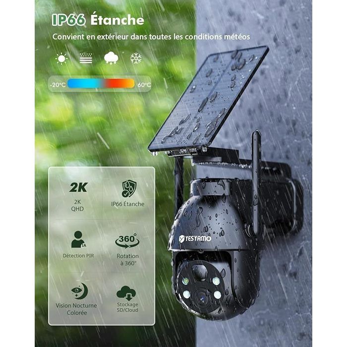 2K Camera Surveillance WiFi Exterieure sans Fil Solaire, 2.4GHz Camera ...
