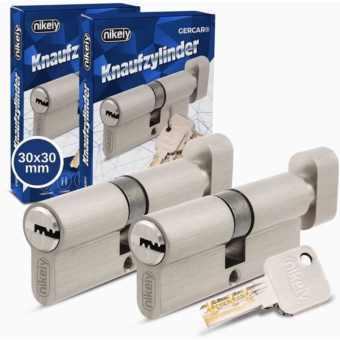 Lot de 2 cylindres de serrure à bouton - 30-30 - Massifs - Avec poignée En laiton nickelé mat ...