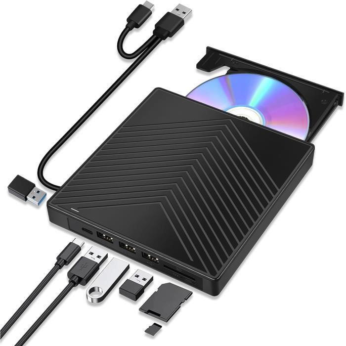Lecteur Cd Dvd Externe 7 En 1 Pour Pc Windows 11 10 Linux Mac Os, Usb 3 ...