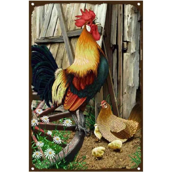 Poster Métallique Affiche,Ferme de Poule Coq,Peinture Art Décoratif ...