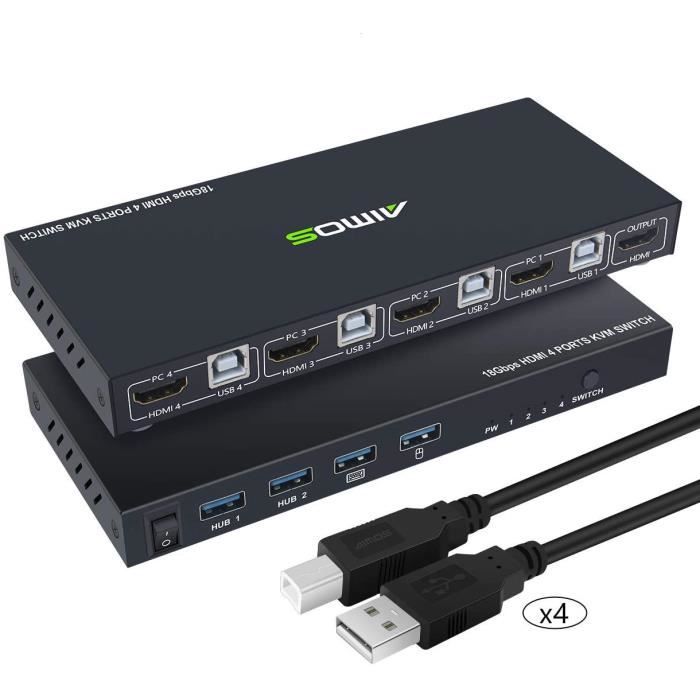KVM Commutateur HDMI USB Switch, 4 Port avec 4K*2K@60Hz Ultra HD 1080P ...