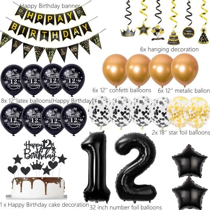 Ballon 12 Ans Garcon Fille Anniversaire Décoration Noir Or - Cdiscount ...