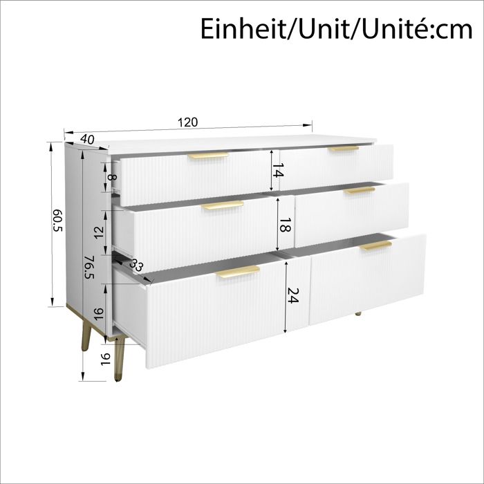 Commode 6 tiroirs 120x40x76,5 cm pour chambre ou salon, rangement ...