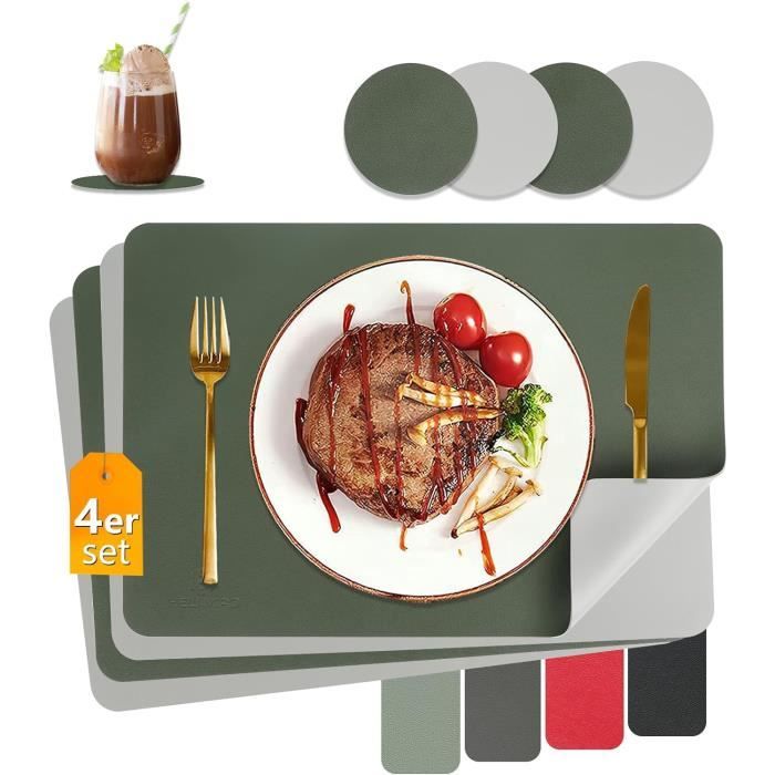 Sets de table lavables en cuir - Lot de 4 - Vert Olive + Gris ...
