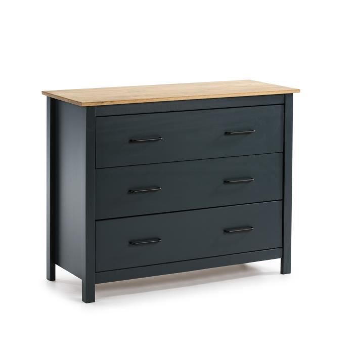 Commode PIN MASSIF 3 tiroirs - Bleu marine - L 100 x L 40 x H 80 cm ...