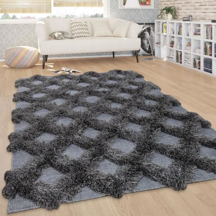 Tapis Salon Shaggy Poils Longs Losanges Carreaux Scandinave Uni Anthracite [160x230 cm ...