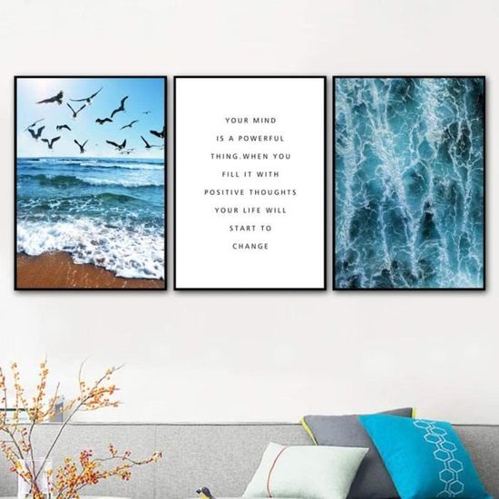 Seagull Plage Mer Vague Citations Paysage Mur Art 3 Pièces Peinture sur ...