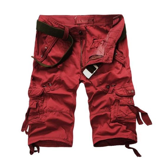 Bermuda multipoches plissé rouge Homme Cargo Grande VêTements Masculin ...