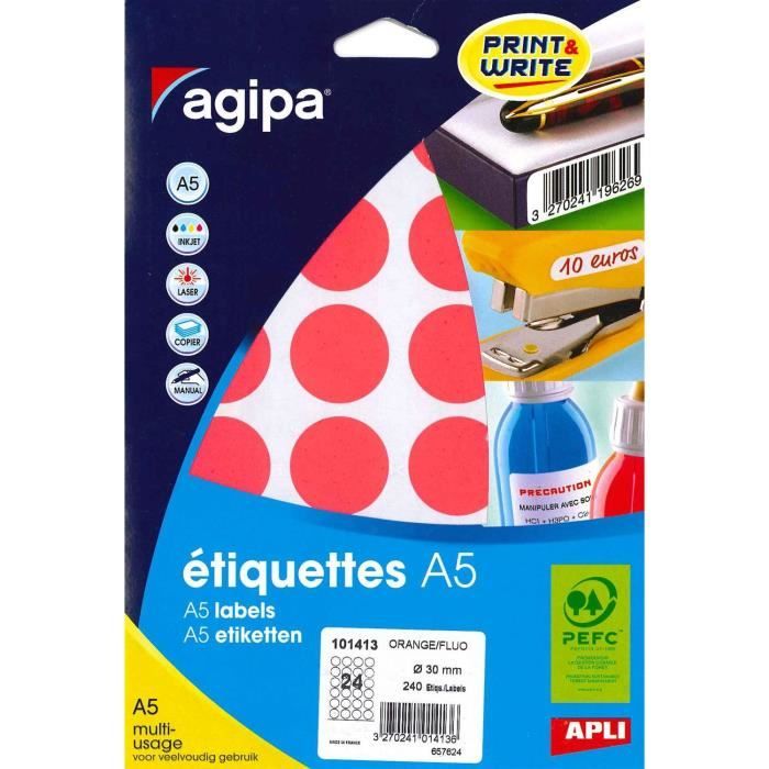 Etui A5 ( 10F ) de 240 Pastilles Gommettes Rondes 30 mm Orange Fluo ...