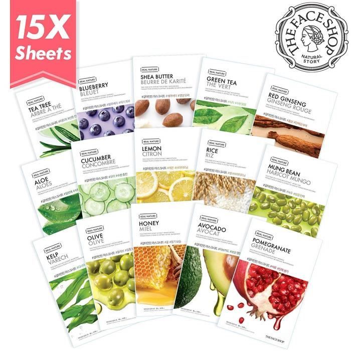 The Face Shop Facial Mask Sheets (15 Treatments), Real Nature Full Face ...