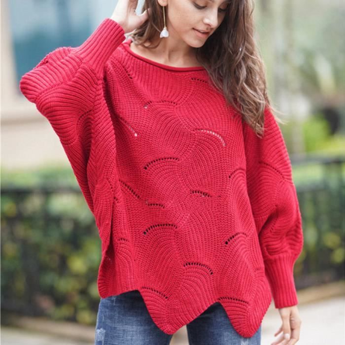 Pull Femme-Pull de couleur pure lâche de mode classique-rouge ONE ...
