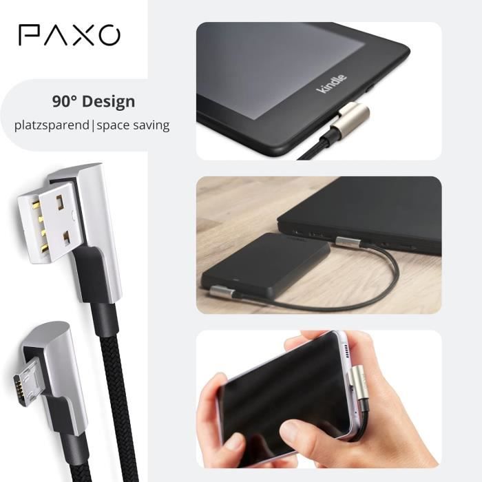 1m de câble nylon micro USB noir, connecteur coudé à 90 degrés, USB ...