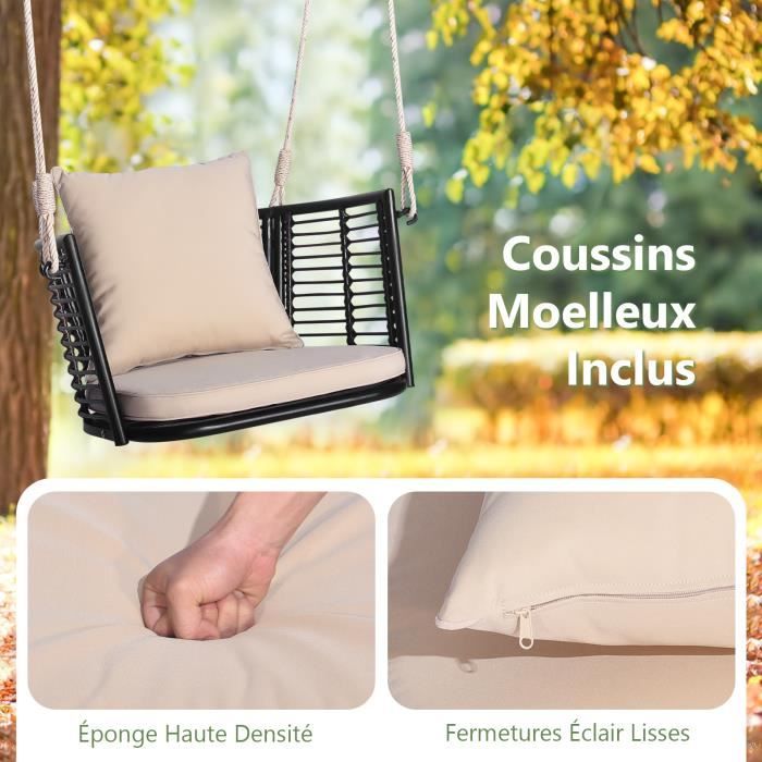 COSTWAY Fauteuil Chaise Suspendu en Rotin PE - Charge 180KG - 2 Cordes ...