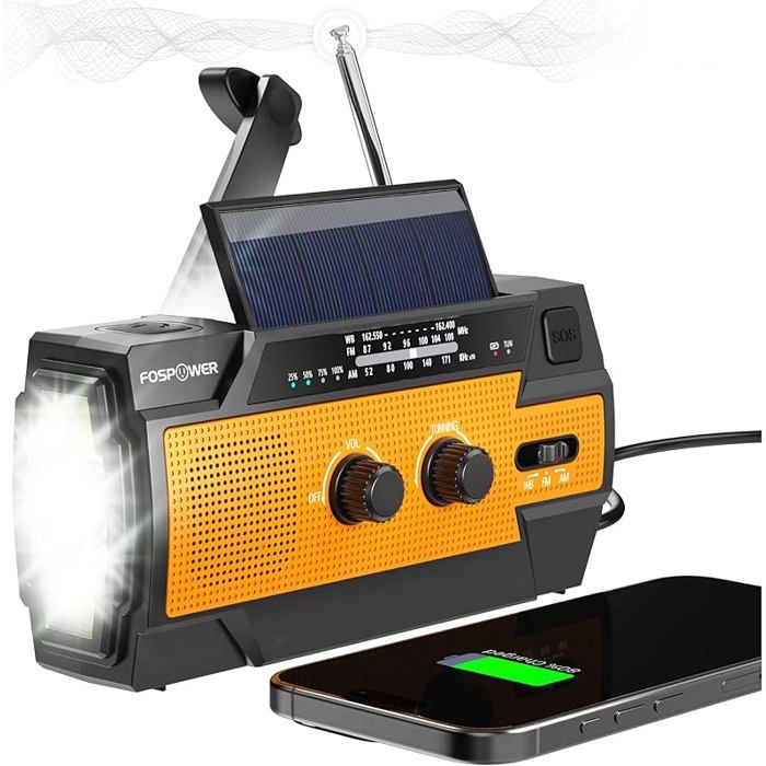Radio d'urgence météo FosPower A3 4000mAh/14800mWh, solaire/manivelle ...