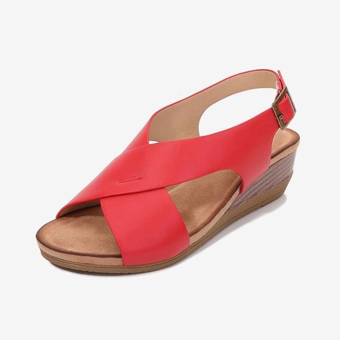 Sandales Femme - Rouge - Boucle de serrage - Tige en Polyester - Talon ...