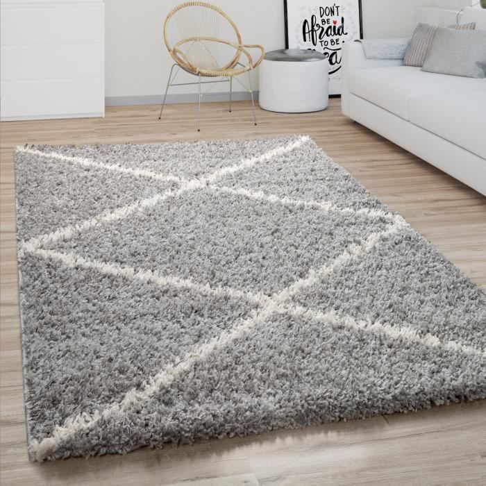 Tapis Poils Longs Salon Shaggy Motif Losanges Scandinave, Moderne Gris [Ø 160 cm rond ...