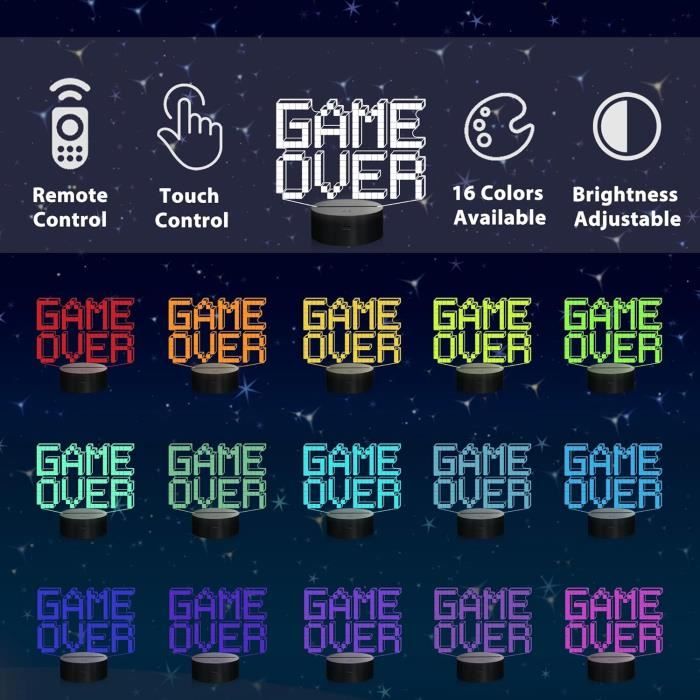 Lampe 3D 8-Bit Pixel Game Over, Veilleuse Led 16 Couleurs Changeantes ...