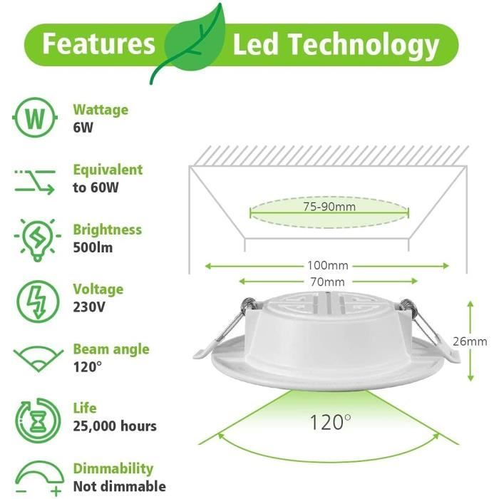 6 Pack LED Spots Encastrables Extra Plat Ultra-mince IP44 6W 500lm Remplacer Halogène 60W Blanc ...