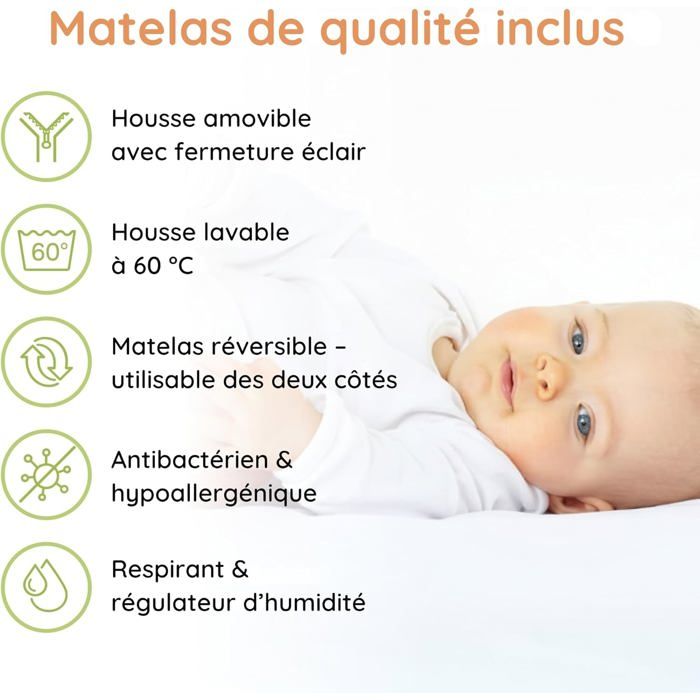 Lit bébé 60x120 matelas inclus - Lit à barreaux pour bébé - Réglable en ...