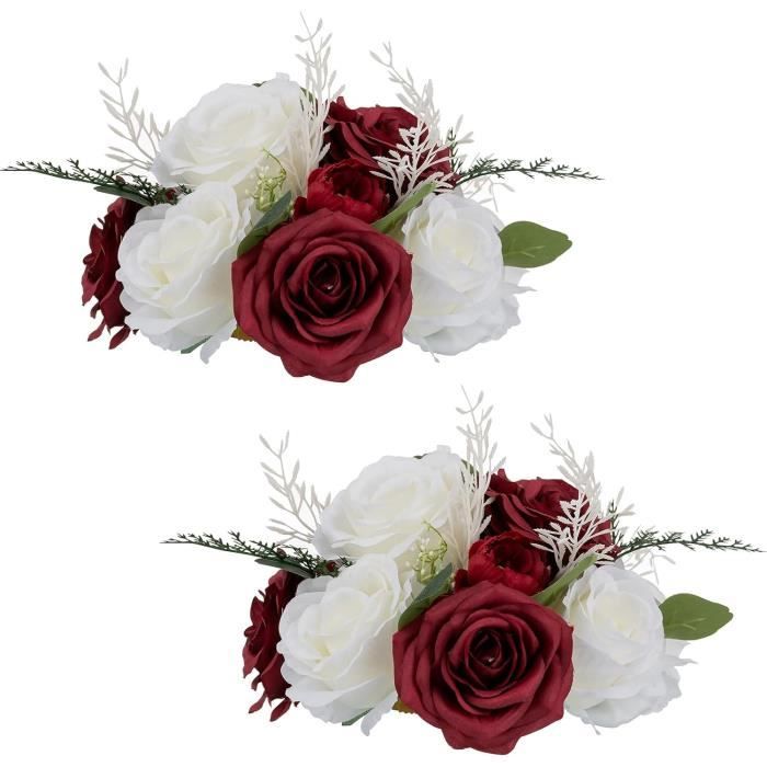 Composition Boules Fleurs Bouquet: 2 Pièces 24Cm Diamètre Fausses Fleurs Roses Cramoisi & Blanc ...
