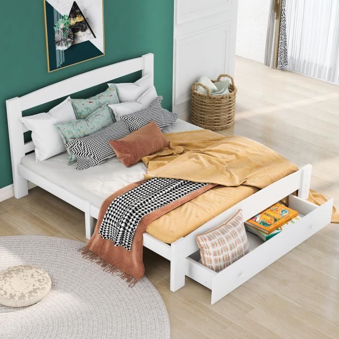 Merax Lit double 140x200cm avec sommier à lattes grand tiroir pour 2 ...