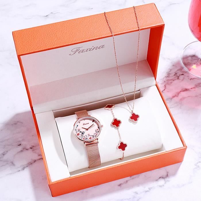 SHARPHY Coffret cadeau montre femme+bracelet+collier-fleur de pivoine ...
