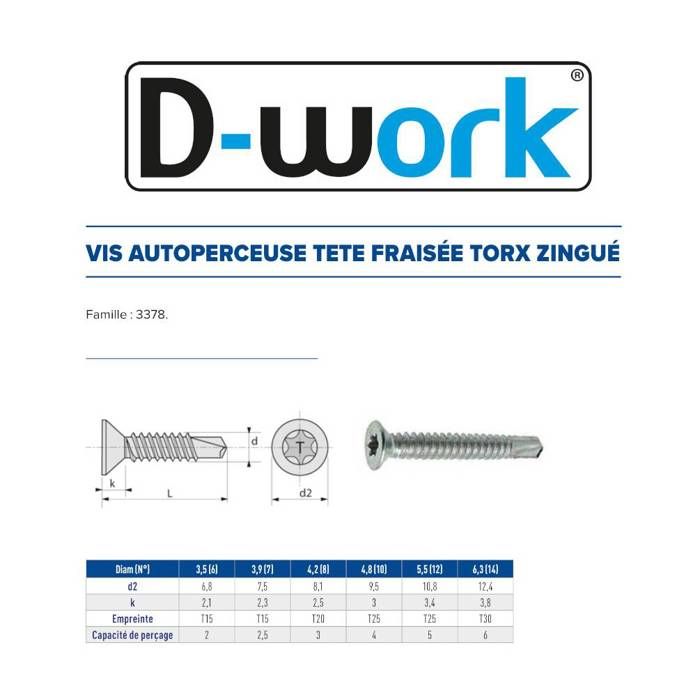 250 Vis Autoperceuses Tête Fraisée Torx 4.8 x 25.4 mm - Zingué blanc ...