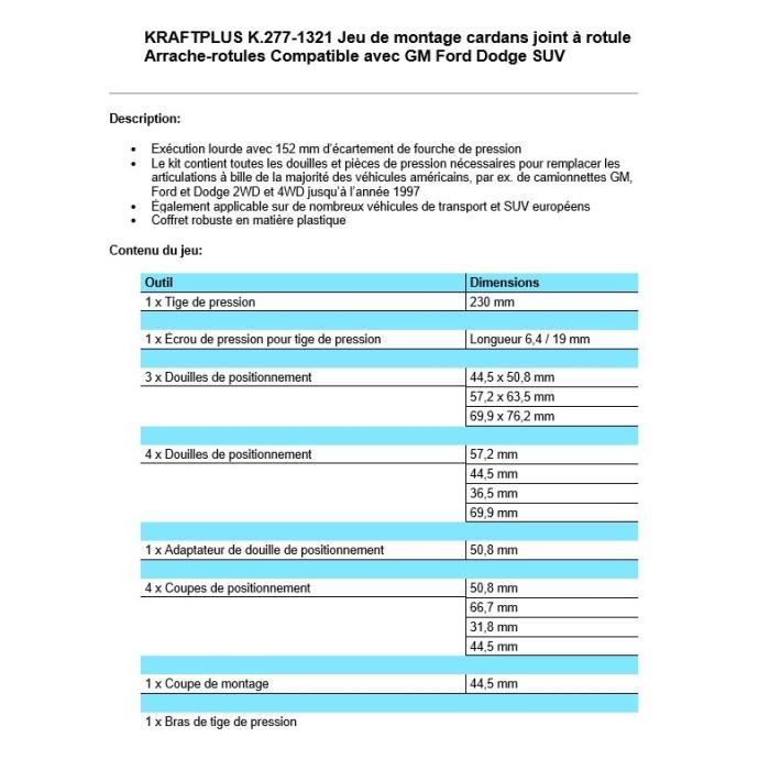 KRAFTPLUS K.277-1321 Kit Outils de montage cardans joint à rotule Arrache-rotules Compatible ...
