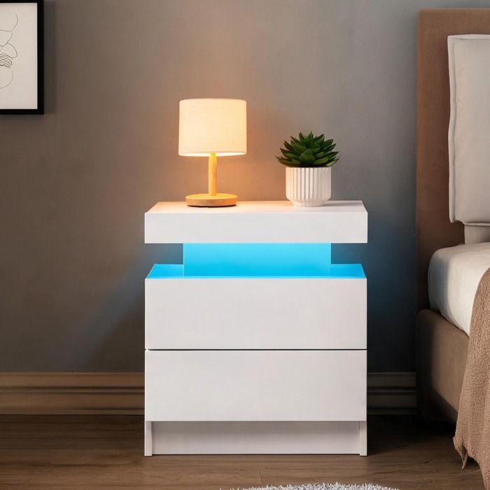 Table de nuit LED design contemporain en bois blanc 50x53x36 cm avec 2 ...
