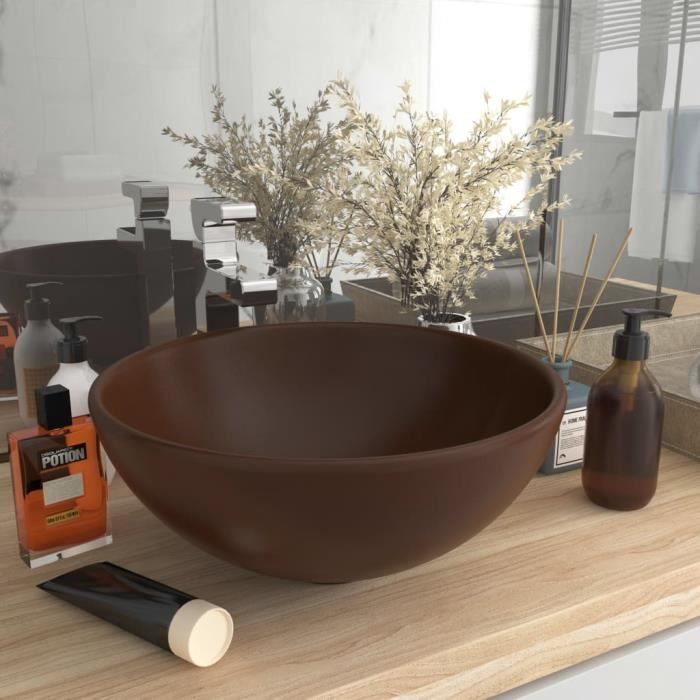 Meuble Déco,Lavabo rond salle de bain Lavabo Vasque -Marron foncé mat ...