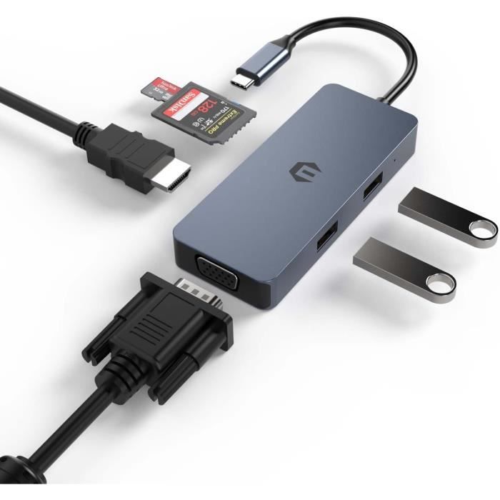 Hub Usb C 6 En 1, Adaptateur Multiport Usb C Avec Double Écran Hdmi Vga, 3 Ports Usb 3.0 ...