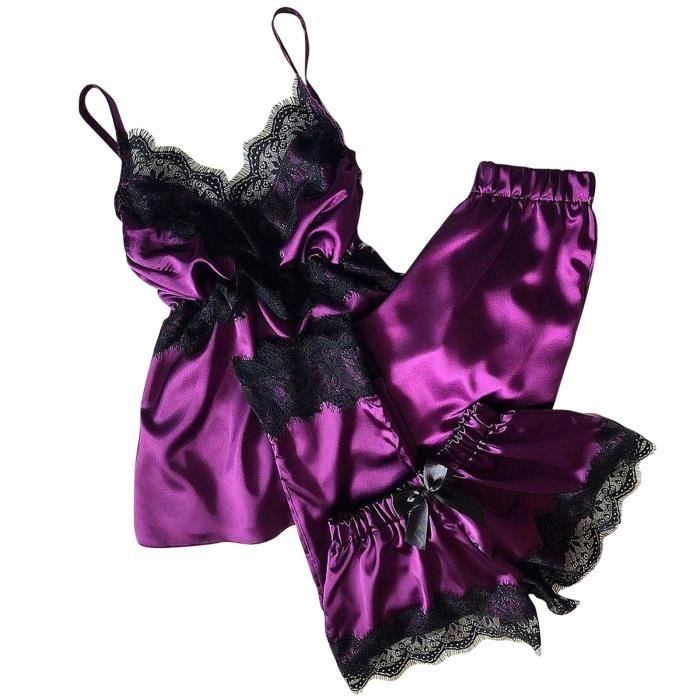 Femmes V-Neck Eyelash Lace Sexy Stain Camisole Pyjamas Bowknot Shorts ...