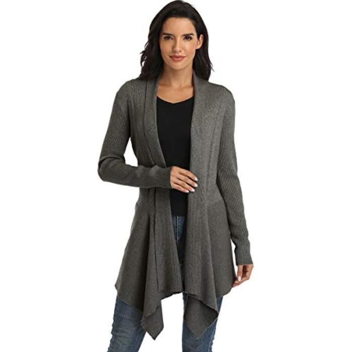 Pull Chandail Cardigans à manches longues cascade col châle côtelé en cascade ouvert devant ...