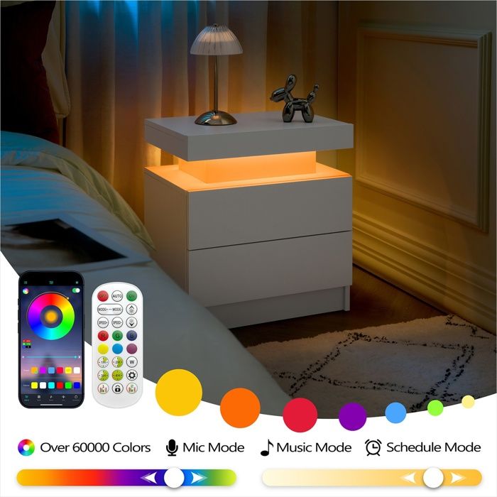 Table de nuit LED design contemporain en bois blanc 50x53x36 cm avec 2 ...