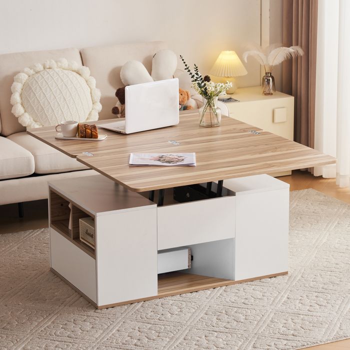Table basse multifonctionnelle relevable - Le plateau se déplie pour ...