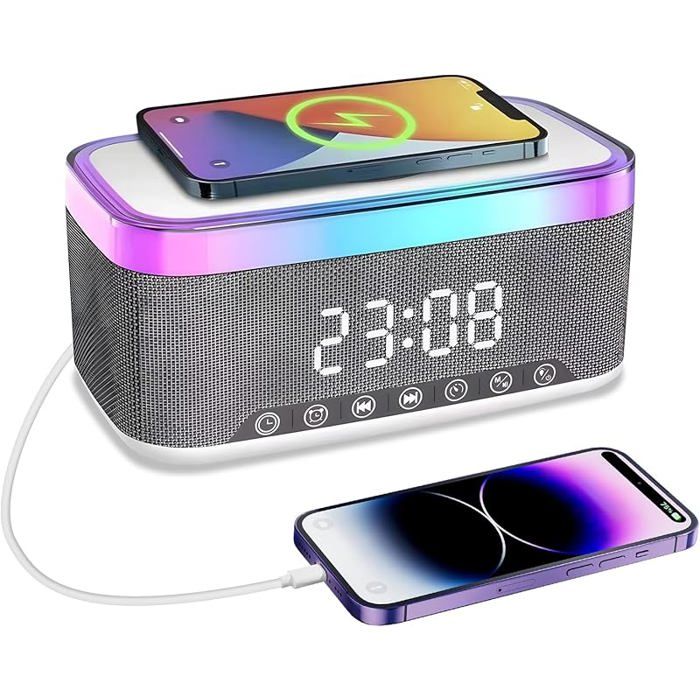 Radio Réveil Bluetooth avec Chargement sans Fil 15W, Réveil Connecté ...