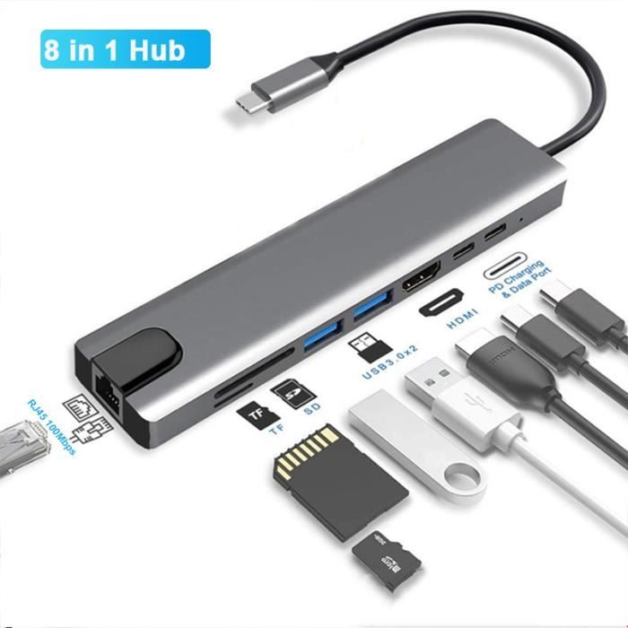 8 en 1 RJ45 HDMI PD - Hub USB type c 10 en 1 avec câble caché ...