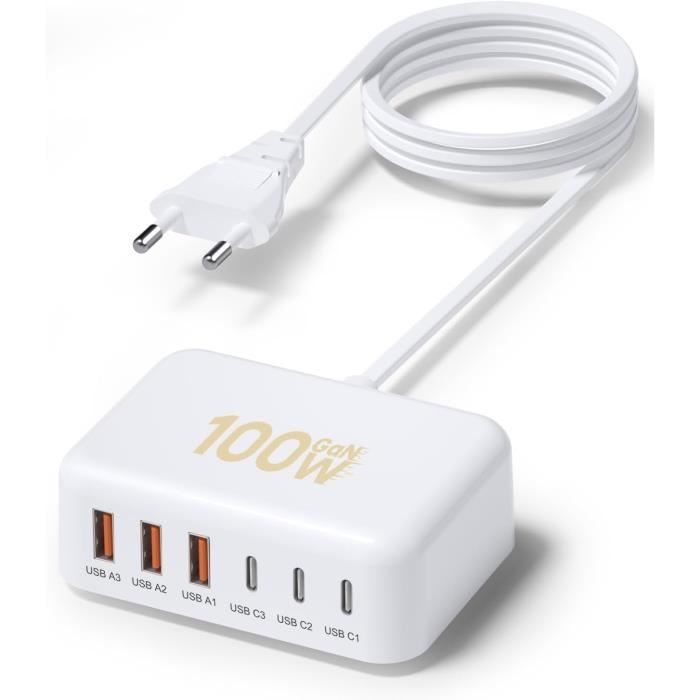 Chargeur Usb C, 100W Gan 6-Port Chargeur Rapide Avec Multiprise Usb-C 3 ...