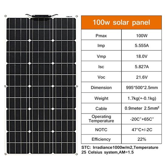 300W 12V Panneau Solaire Souple Kit 3pcs 100W 18V Monocristallin Photovoltaïque Panneaux,30A ...