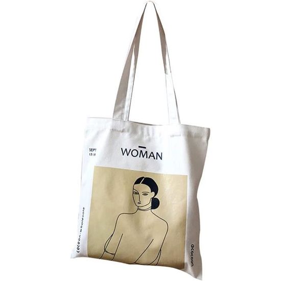 Woman Sac en coton decorer Poignée Sacs de courses avec poche ...
