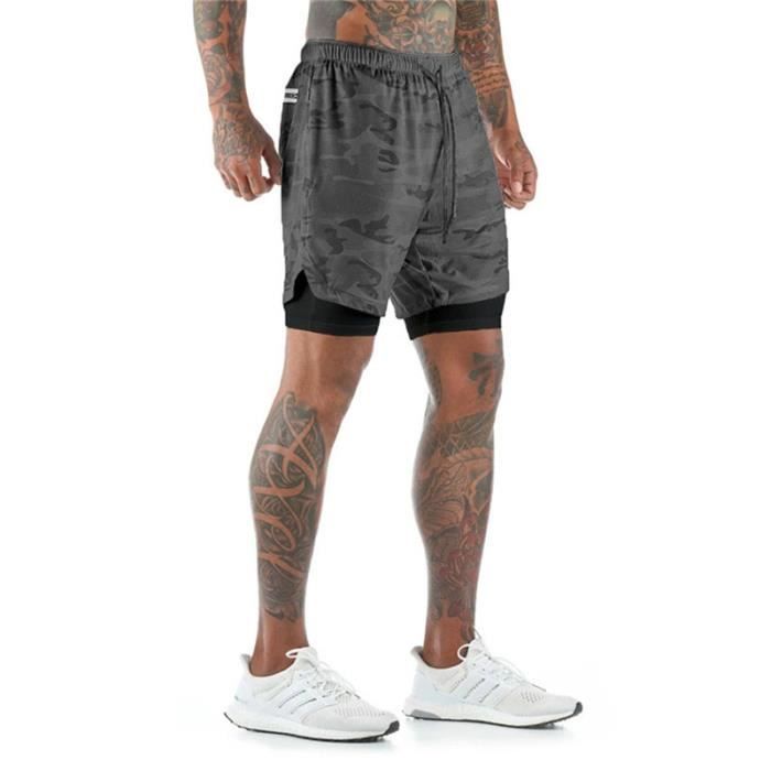 Short,Short 2 en 1 pour hommes, survêtement de Fitness, de sport, de musculation, Double couche ...