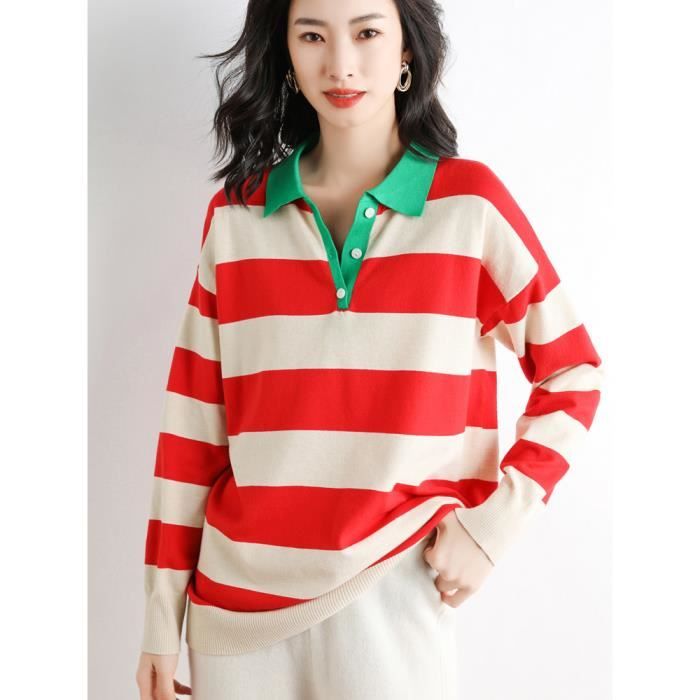 CRAZE Automne hiver femmes rouge rayure Long pull col rabattu contraste ...