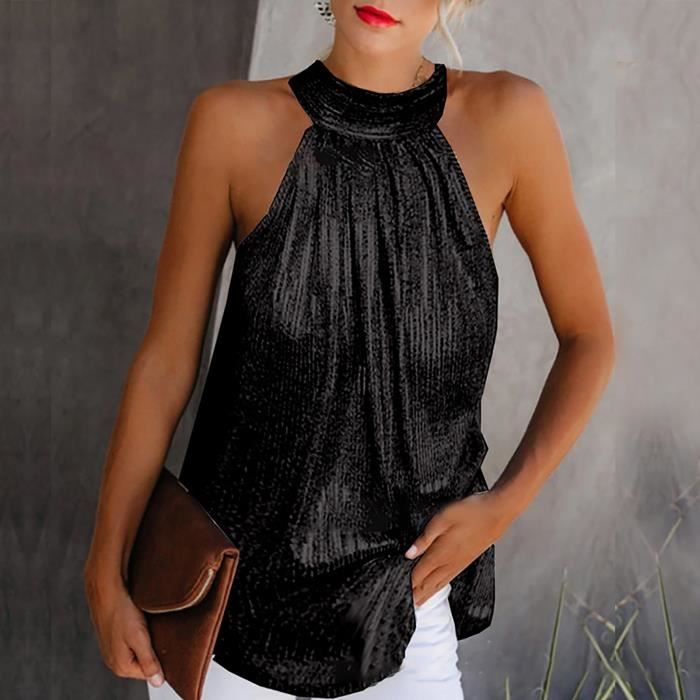 Sexy Zipper Couleur Unie Paillettes Sans Manches Col Rond Dos Nu Coton