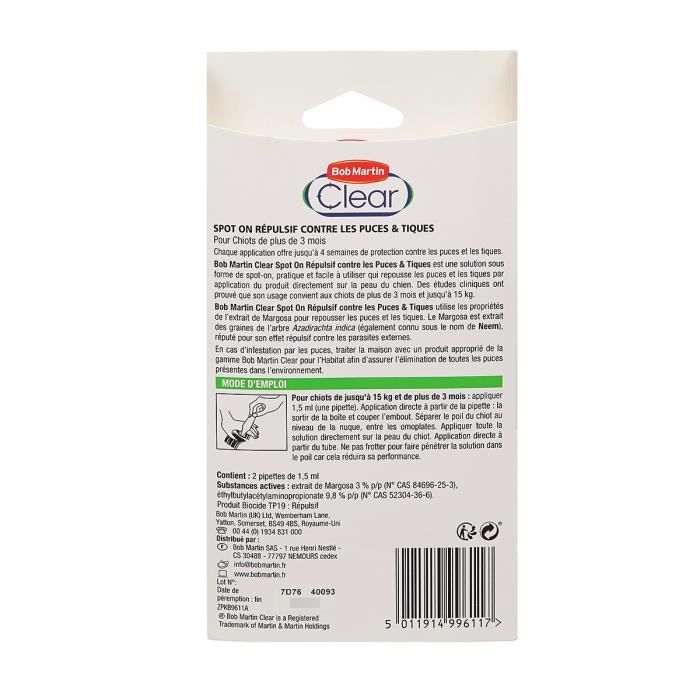CLEAR Pipette répulsive tiques et puces chiot - Cdiscount
