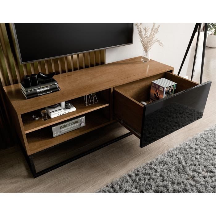 Roman - meuble tv - 2 niches - 120 cm - Bois / Noir - Cdiscount Maison