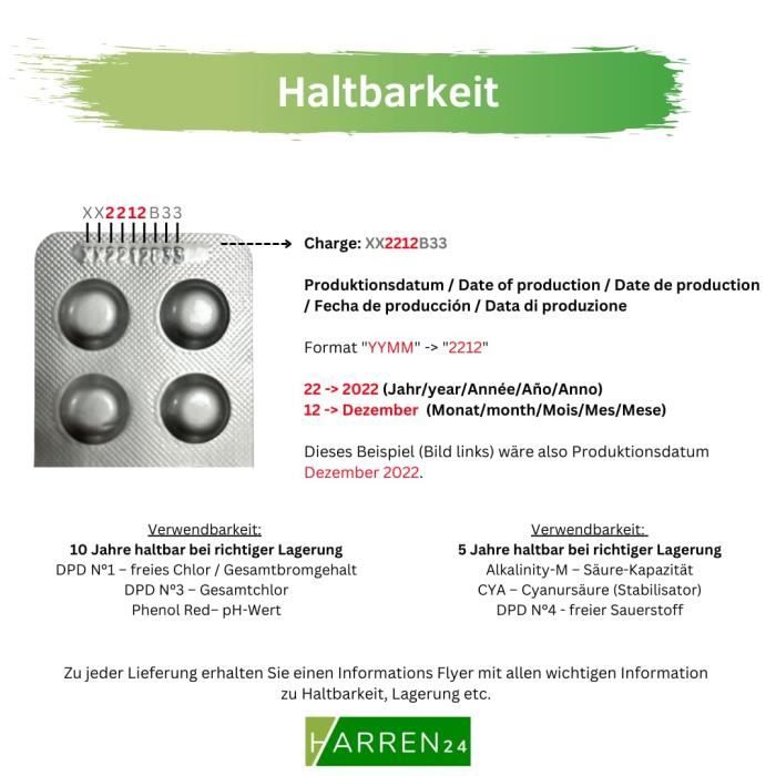 Harren24 Pastilles de test photomètre Chlore DPD1, DPD3, Oxygène actif ...